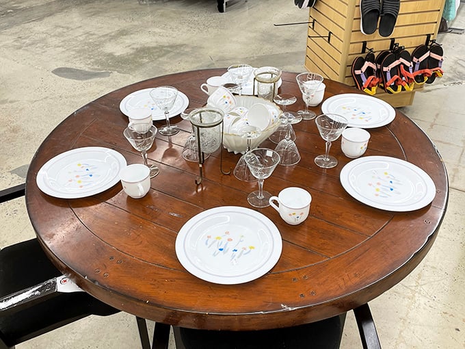 Dinner party, anyone? This vintage table setting awaits its next gathering of friends, complete with charming confetti-patterned plates and an assortment of glassware.