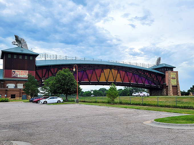 The Great Platte River Road Archway Monument spans I-80 like a colorful bridge to the past, where history meets engineering in spectacular fashion.