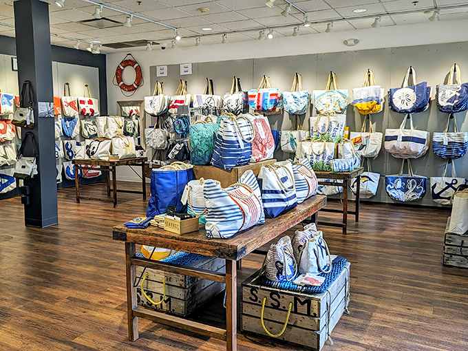 Nautical-themed totes line the walls like a sailor's dream closet. Perfect for hauling away your outlet treasures or a spontaneous beach trip.