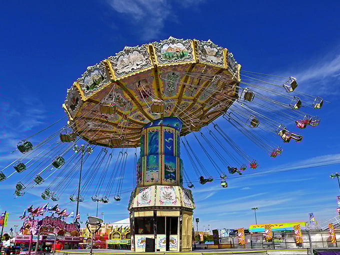 The Tulsa State Fair's vintage swing ride spins against a perfect blue sky, proving some childhood joys never lose their magic.