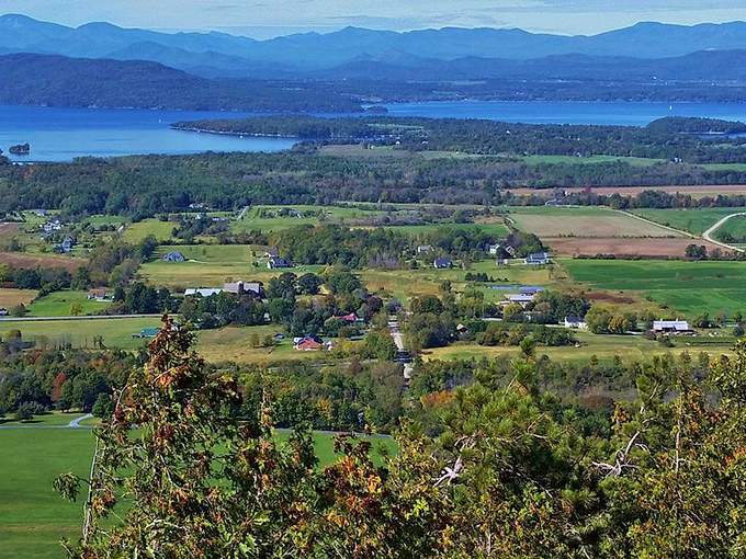 The Champlain Valley unfolds like nature's patchwork quilt, with Lake Champlain providing the perfect blue border.