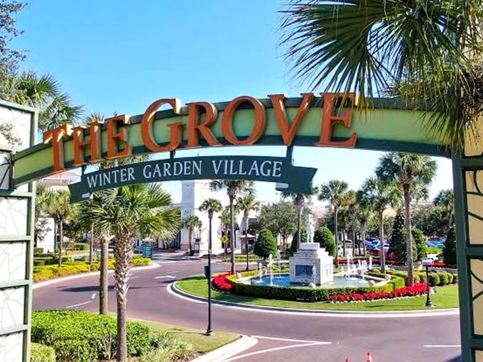 The Grove at Winter Garden Village welcomes visitors with tropical palms and manicured landscapes &ndash; Florida's version of a red carpet entrance.