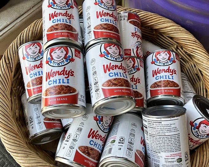 Not just candy! Grandpa Joe's quirky inventory includes nostalgic grocery items like these Wendy's chili cans&mdash;proof that nostalgia comes in all containers.
