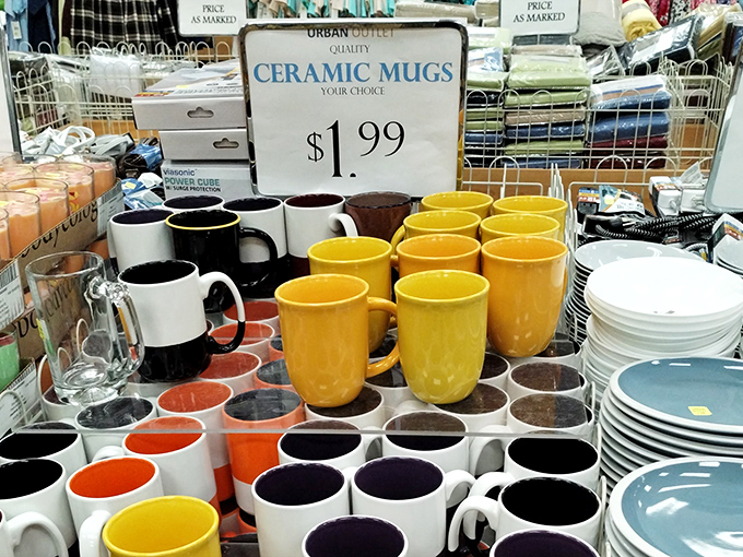 Ceramic mugs in every hue imaginable at $1.99 each&mdash;because your morning coffee deserves better than drinking from that chipped Baltimore Ravens mug from 2008.