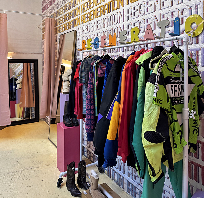 Not your average clothing rack &ndash; this "Regeneration" display showcases fashion with past lives and future potential, including that eye-catching neon sportswear.