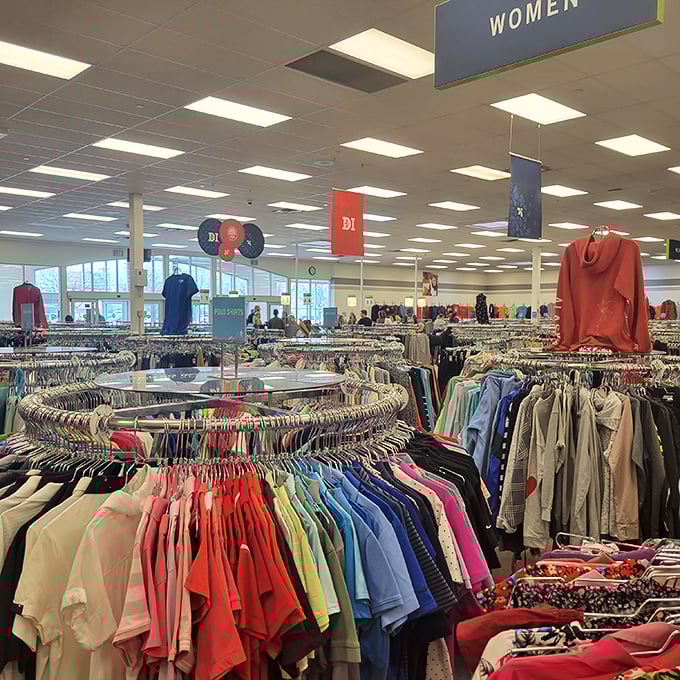 A rainbow of possibilities hangs in perfect order, proving that organization and bargain hunting can indeed coexist harmoniously.