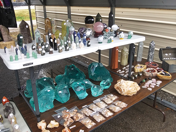 Nature's artwork on full display! These aquamarine crystals and mineral specimens transform shopping into a geological treasure hunt.