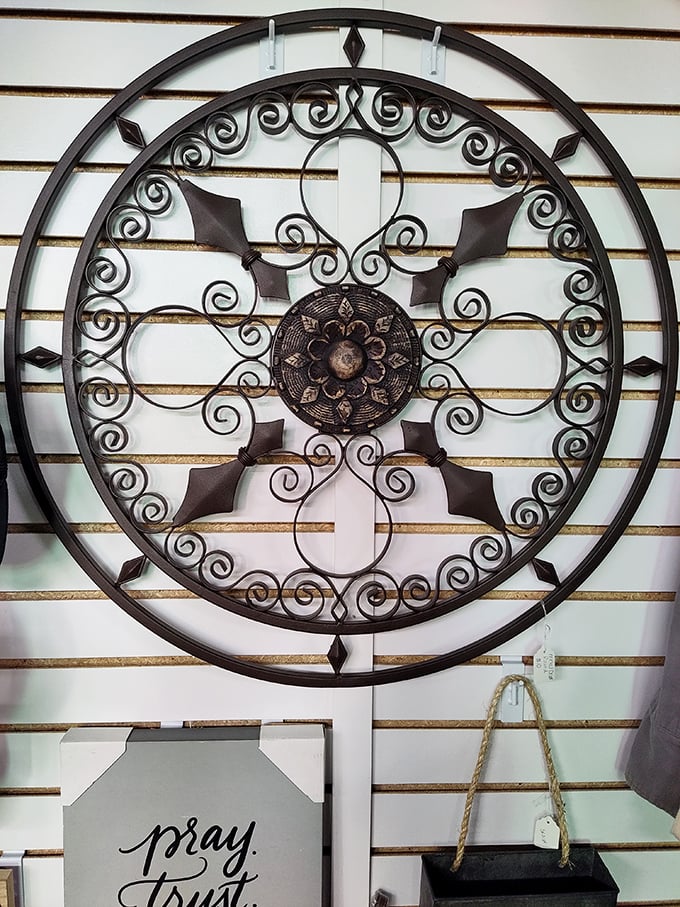 Intricate metalwork that transforms a blank wall into a statement. This isn't just decor; it's functional art with personality that whispers "farmhouse chic."