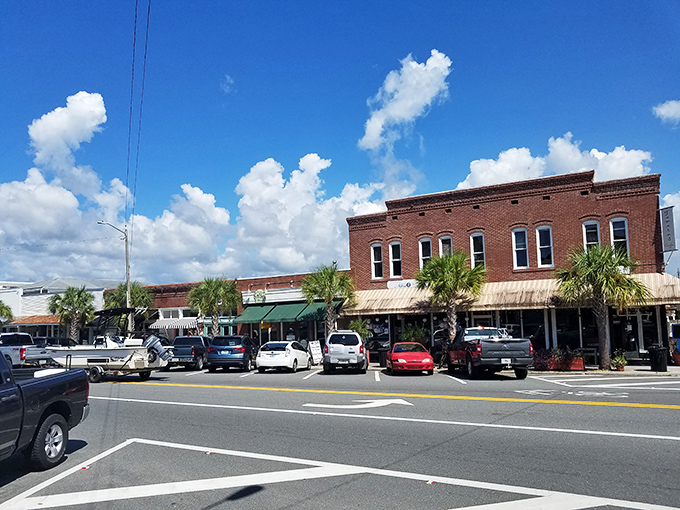 Blue skies and brick buildings create the perfect backdrop for Apalachicola's unhurried downtown, where parking spots are plentiful and stress is scarce.