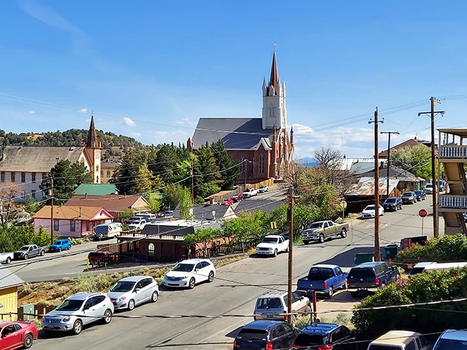 St. Mary's in the Mountains Catholic Church stands sentinel over Virginia City, its spire reaching skyward as if to touch the Nevada heavens.