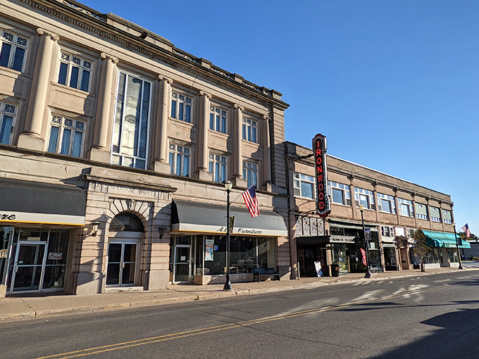 The Historic Ironwood Theatre's fa&ccedil;ade stands as a testament to the town's mining-era prosperity, its classic architecture inviting you to step back in time.