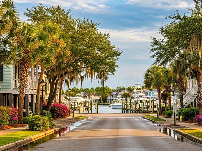 Spanish moss and palm trees frame a postcard-perfect view where boats bob gently in their slips.