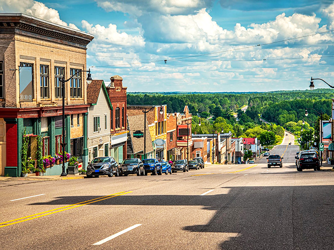 Downtown Crystal Falls unfolds like a movie set where brick facades and blue skies create the kind of Main Street that Norman Rockwell would have painted on his day off.