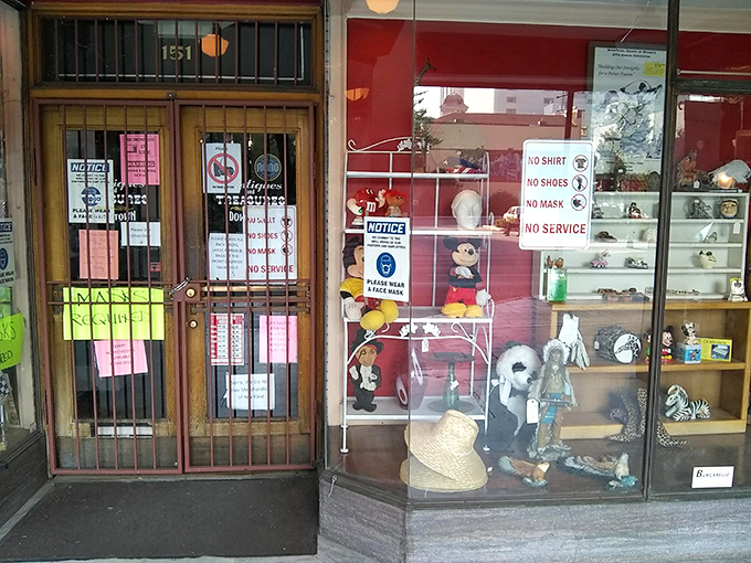 "No shirt, no shoes, no service" might be standard, but Mickey Mouse standing guard at the entrance sets the whimsical tone for this vintage wonderland.