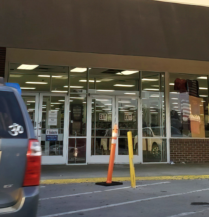 The entrance beckons with promises of hidden treasures, where every push through these doors could lead to your next favorite find.