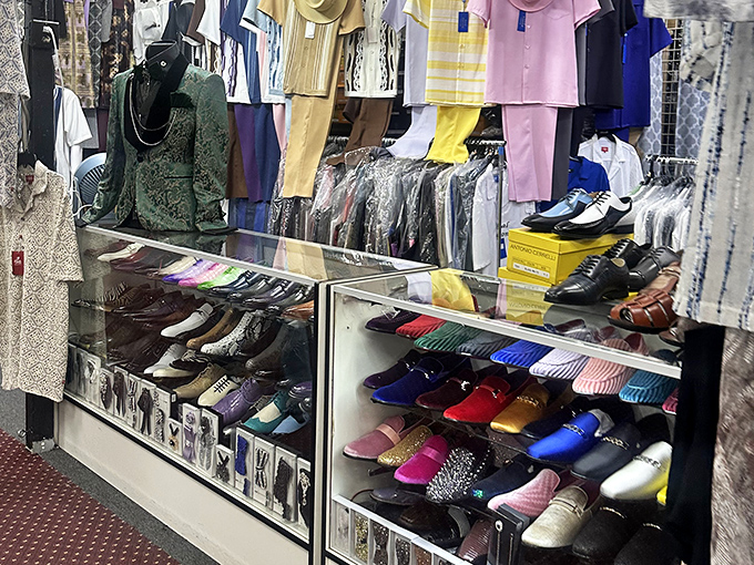 A rainbow of footwear awaits the fashion-forward thrifter. From dazzling dress shoes to casual kicks, your next favorite pair is hiding somewhere in this technicolor display.