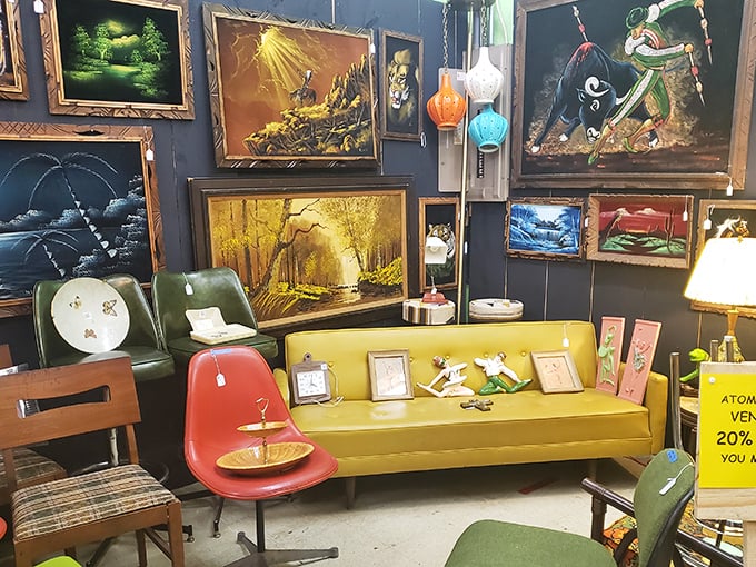 Mid-century modern heaven! That mustard yellow sofa isn't just furniture—it's a time machine to when "The Brady Bunch" was appointment television.