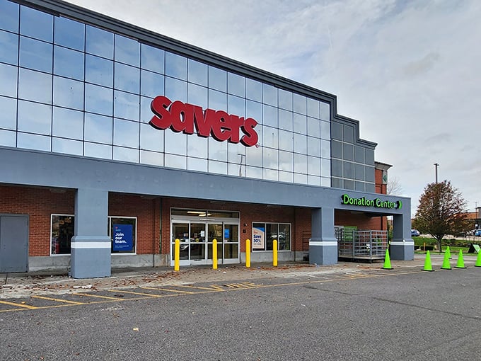 The mothership of thrift beckons with its glowing red sign, a beacon for bargain hunters and sustainability champions alike.