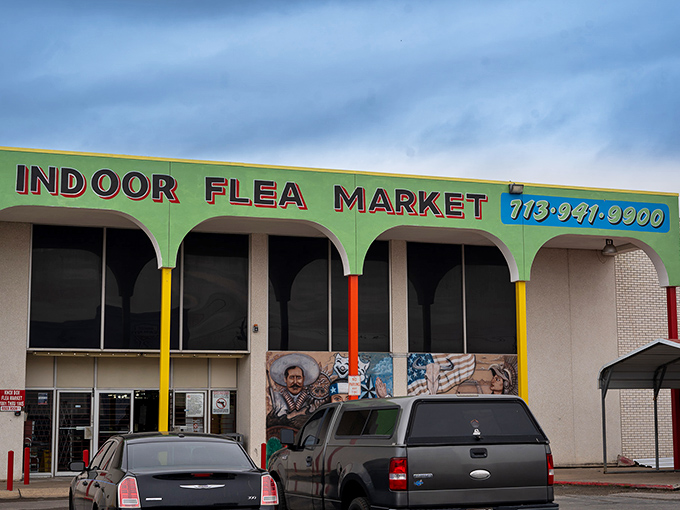 With its colorful facade and patriotic mural, this treasure hunter's paradise stands out against the Texas sky like a retail rebel.