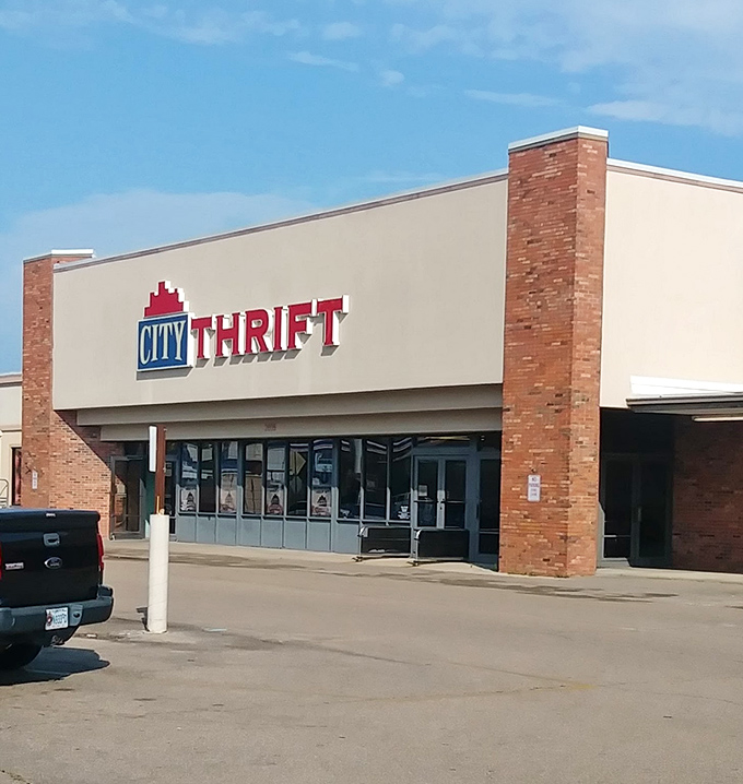 Brick columns frame the entrance to this temple of thrift, where everyday shoppers transform into intrepid treasure hunters.