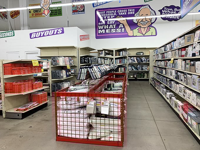 Colorful signs and red shopping bins create a retail scavenger hunt paradise. The cartoon mascot overhead seems to wink, "Yes, these deals are real."