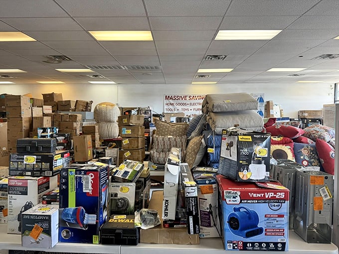 Mountains of merchandise reach toward the ceiling, creating a wonderland where bargain dreams come true.