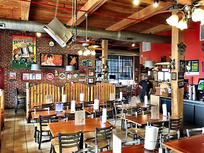 Exposed brick, wooden beams, and BBQ memorabilia create that perfect "I've discovered something special" atmosphere that makes you want to settle in.