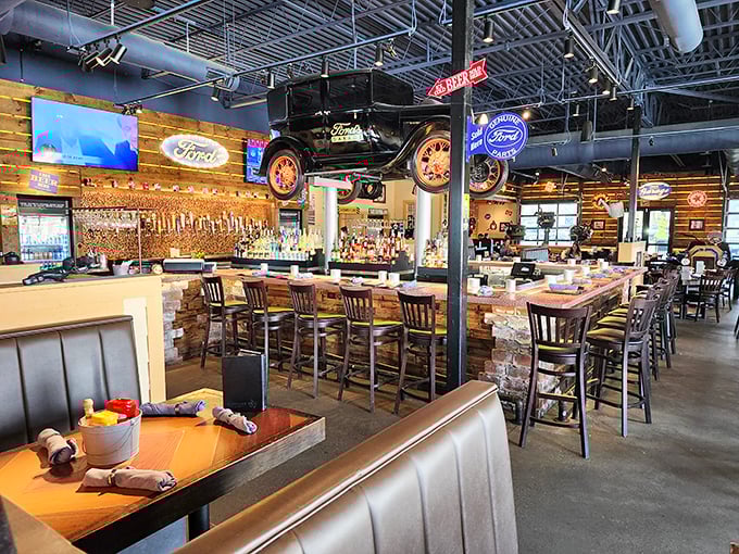 Where else can you dine beneath an actual Model A suspended from the ceiling? Ford's Garage brings new meaning to "overhead costs."