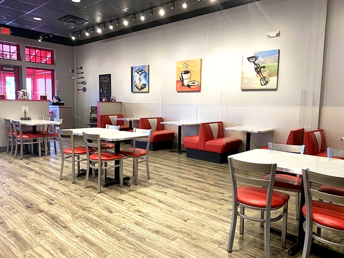 Clean lines, bright spaces, and art that doesn't take itself too seriously&mdash;this is where breakfast dreams come true. Those red booths are practically begging you to slide in.