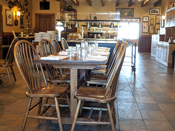 Wooden chairs that have supported generations of happy diners await your arrival in this warm, history-filled dining room.