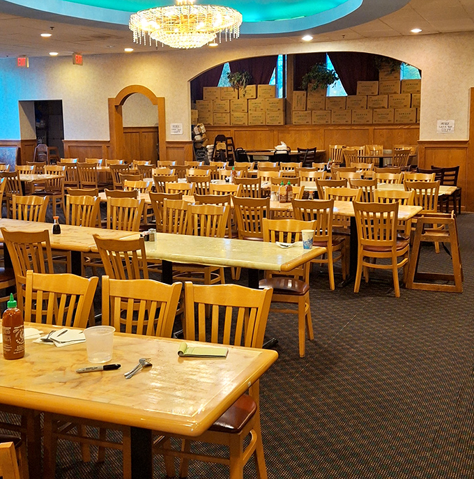 Inside, wooden tables await beneath a surprisingly elegant chandelier &ndash; proof that in the buffet world, it's what's inside that counts.
