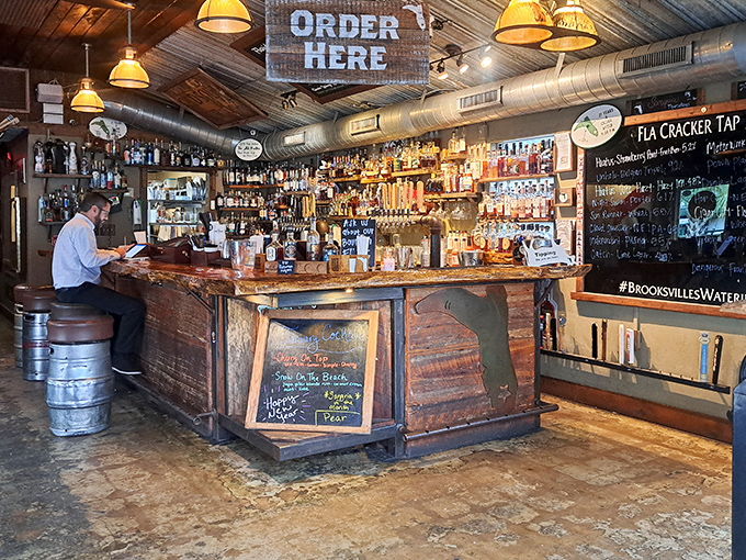 The rustic bar area transforms from morning coffee spot to evening watering hole, proving that the best Florida establishments, like the best Floridians, know how to adapt.