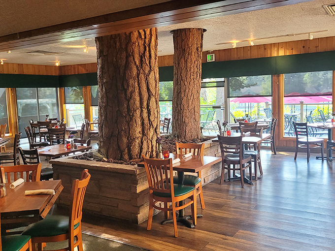 Those aren't decorative columns &ndash; they're actual ponderosa pines growing straight through the dining room, nature's ultimate conversation starter.