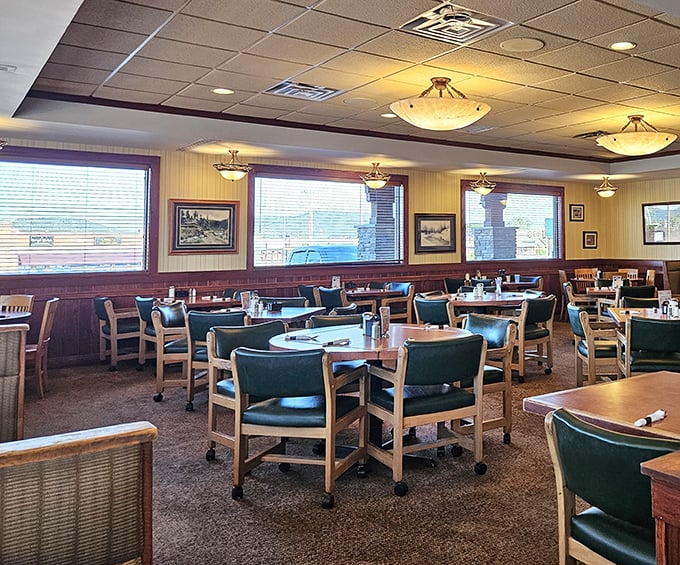 Classic Americana at its finest—wooden wainscoting, comfortable chairs, and lighting that flatters both the food and your dinner date.