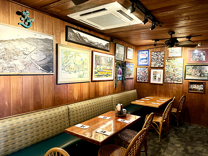 Wood-paneled walls adorned with local artwork create that perfect "been here forever" vibe that no designer could replicate.