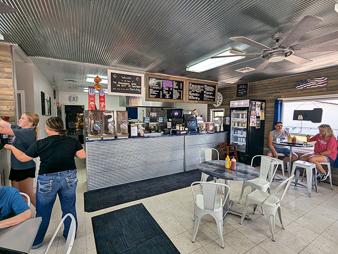 Inside, the corrugated metal ceiling and no-nonsense counter create the perfect backdrop for food that doesn't need fancy surroundings.