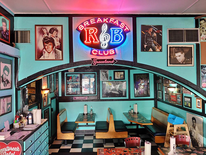 Elvis would approve of this turquoise time capsule where breakfast and rock 'n' roll unite under the glow of neon nostalgia.