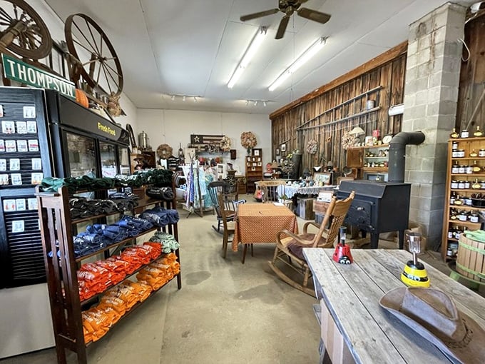 Step back in time inside Thompson's rustic farm store. Wagon wheels, wooden shelves, and the promise of homemade treats create an atmosphere no designer could replicate.