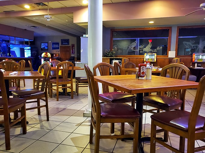 Classic wooden chairs with burgundy cushions&mdash;where countless Delaware posteriors have contemplated the eternal question: "One more pancake?"