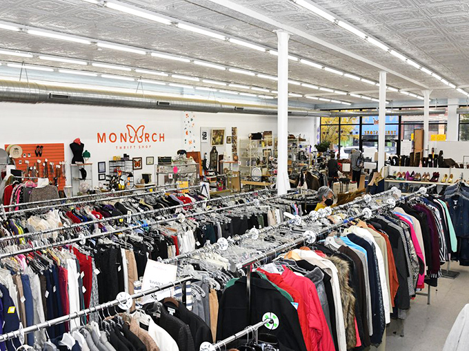 Not your grandmother's cluttered thrift store&mdash;Monarch's bright, airy interior with organized racks makes bargain hunting feel like a luxury experience.