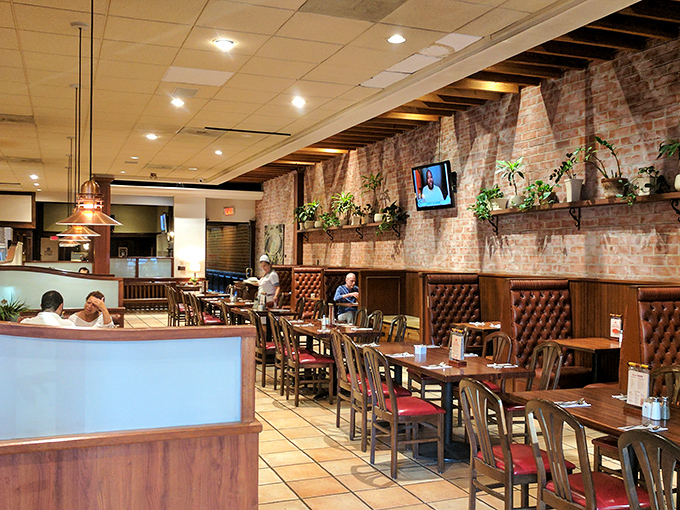 Brick walls and cozy booths create the perfect backdrop for life-changing breakfast decisions at Du-par's.