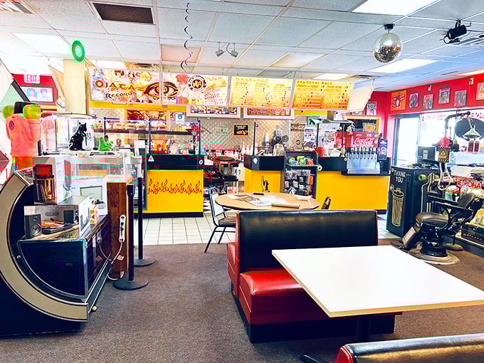 Inside, vinyl meets vittles in perfect harmony. The disco ball overhead suggests your taste buds might just do a little dance.