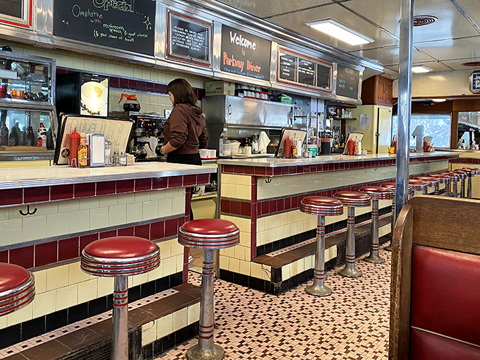 Where magic happens: The quintessential diner counter with its cherry-red stools invites you to pull up a seat and watch short-order wizardry in action.