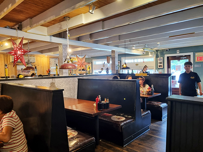 Wooden ceiling beams and colorful star lanterns create a space that feels both nautical and homey &ndash; the Goldilocks of breakfast ambiance.