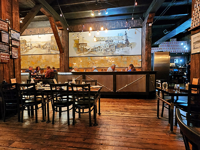 Exposed beams, wooden floors, and mining-town murals create the perfect backdrop for serious steak consumption. This isn't d&eacute;cor&mdash;it's Montana's soul on display.