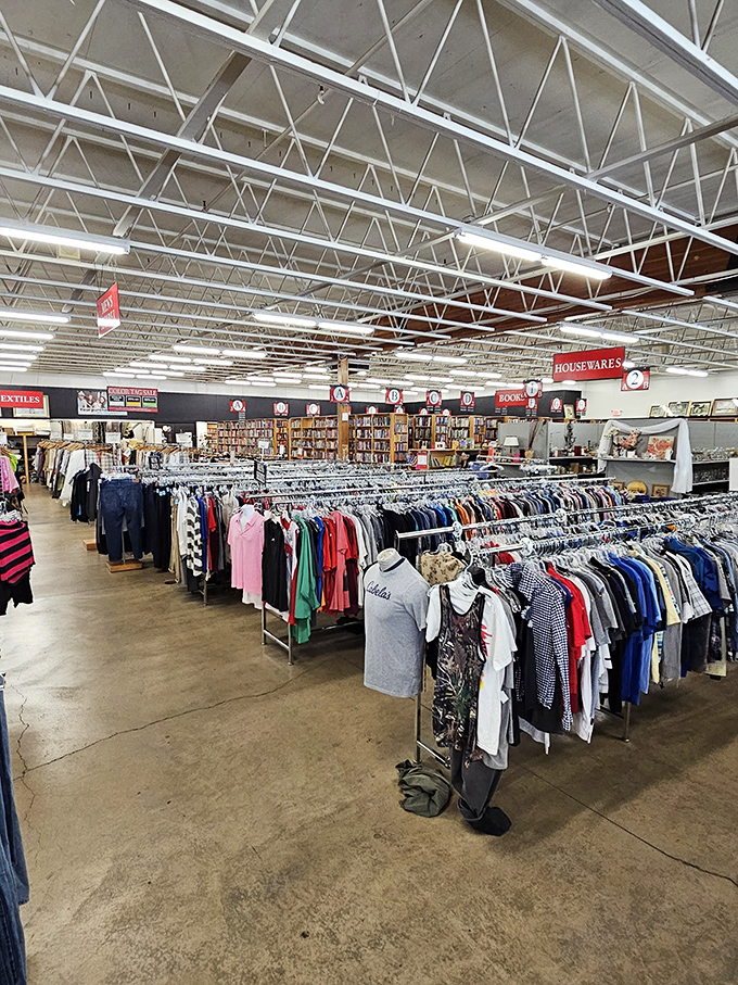 Organized chaos at its finest&mdash;rows upon rows of clothing waiting for their second act in someone's wardrobe revolution.