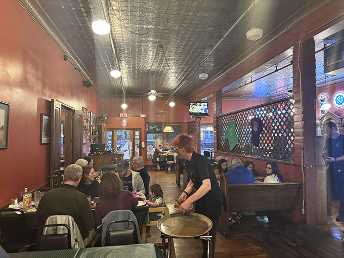That pressed tin ceiling has witnessed decades of barbecue bliss. Red walls don't just look good&mdash;they hide the evidence of sauce-related enthusiasm.