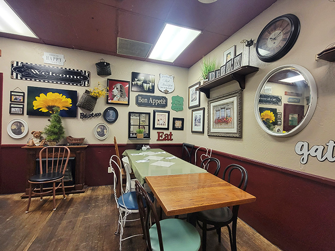 Inside, every inch tells a story. Sunflowers, mismatched chairs, and walls adorned with cooking memorabilia create that "grandma's kitchen" charm you can't manufacture.