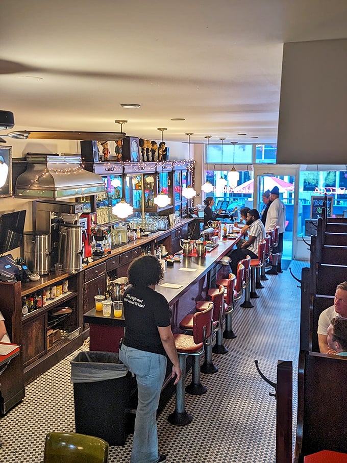 Where culinary magic happens! The classic counter seating at Mecca offers front-row tickets to the well-choreographed dance of short-order cooking.