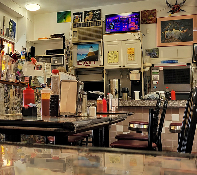 Where condiment bottles stand at attention and every surface tells a story—this is the command center of breakfast bliss.